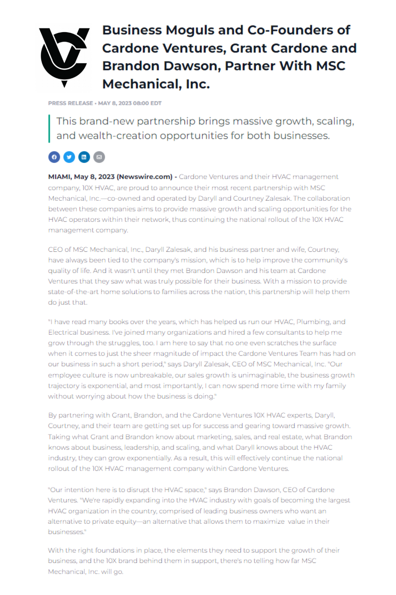 ANNOUNCEMENT: MSC Mechanical and Cardone Ventures Partner | Texas HVAC ...